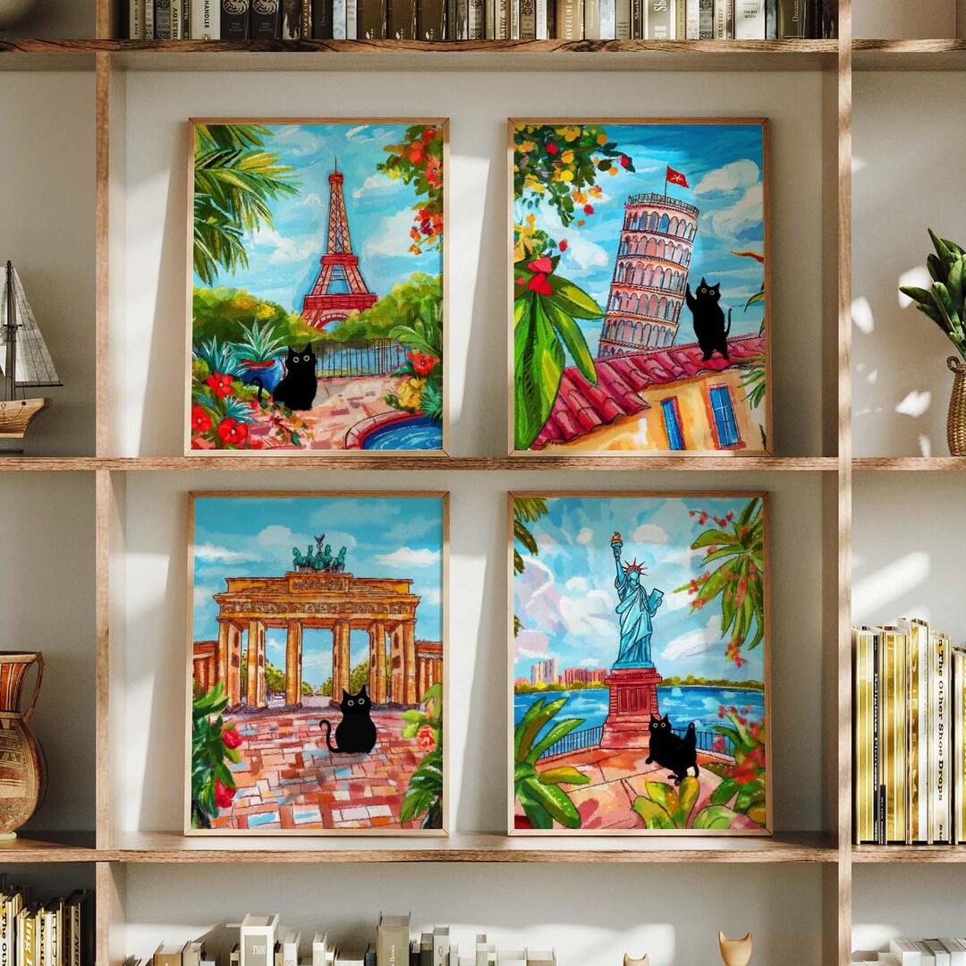 World Landmark Cat Poster Set of 4 Eiffel Tower, Pisa, Berlin, Statue ...