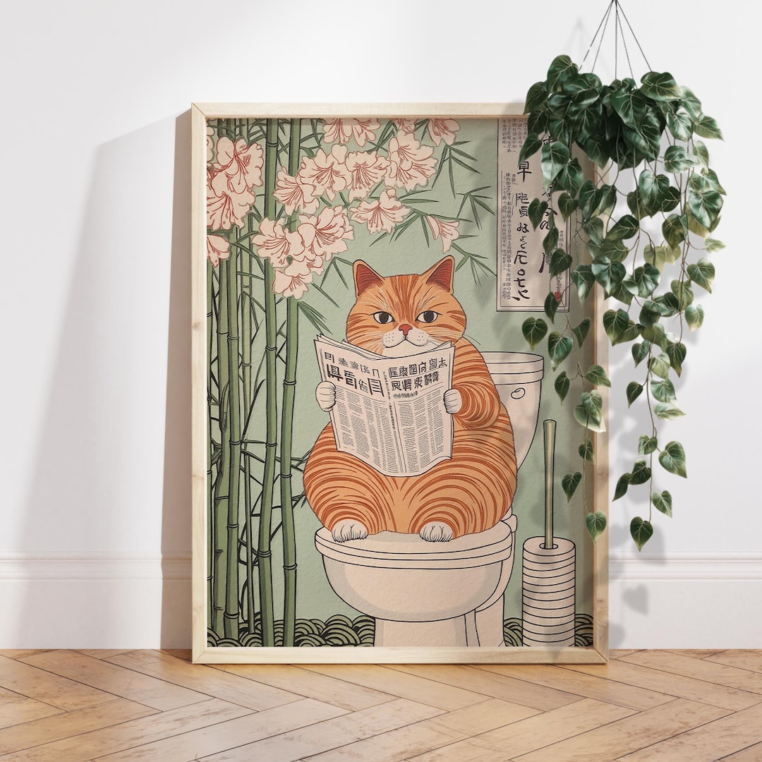 Japanese Ginger Cat on a Toilet, Funny Bathroom Print, Toilet Poster ...