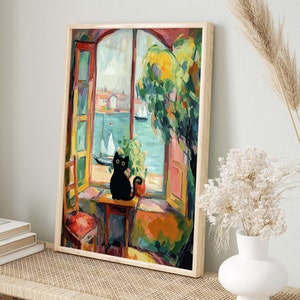 Black Cat Print, Open Window Cat Poster, Cat Art, Floral Print, Funny ...
