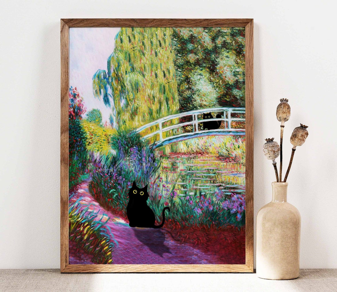 Monet Garden Cat Print, Claude Monet Flowers Cat Poster, Irises Cat Art ...