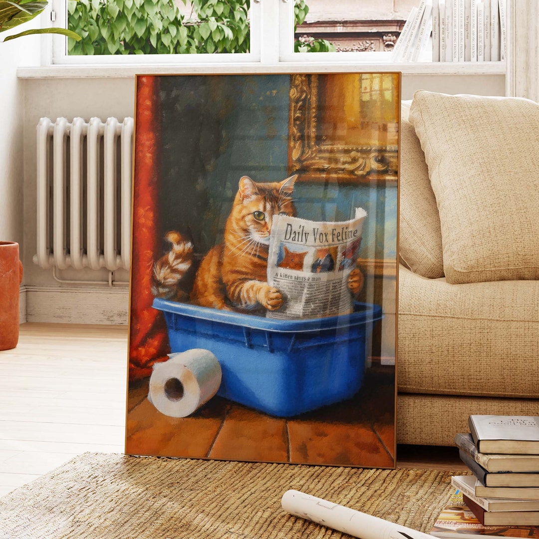Funny Tabby Cat Poster, Tabby Reading Newspaper in Litter Box, Humorous ...