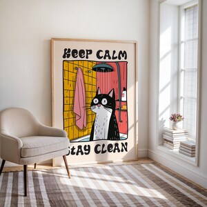 Funny Cat Bathroom Print, Retro Shower Wall Art - Etsy
