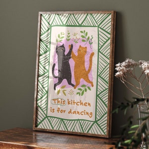 Dancing Cats Print, Black Cat, Orange Cat, This Kitchen is for Dancing ...