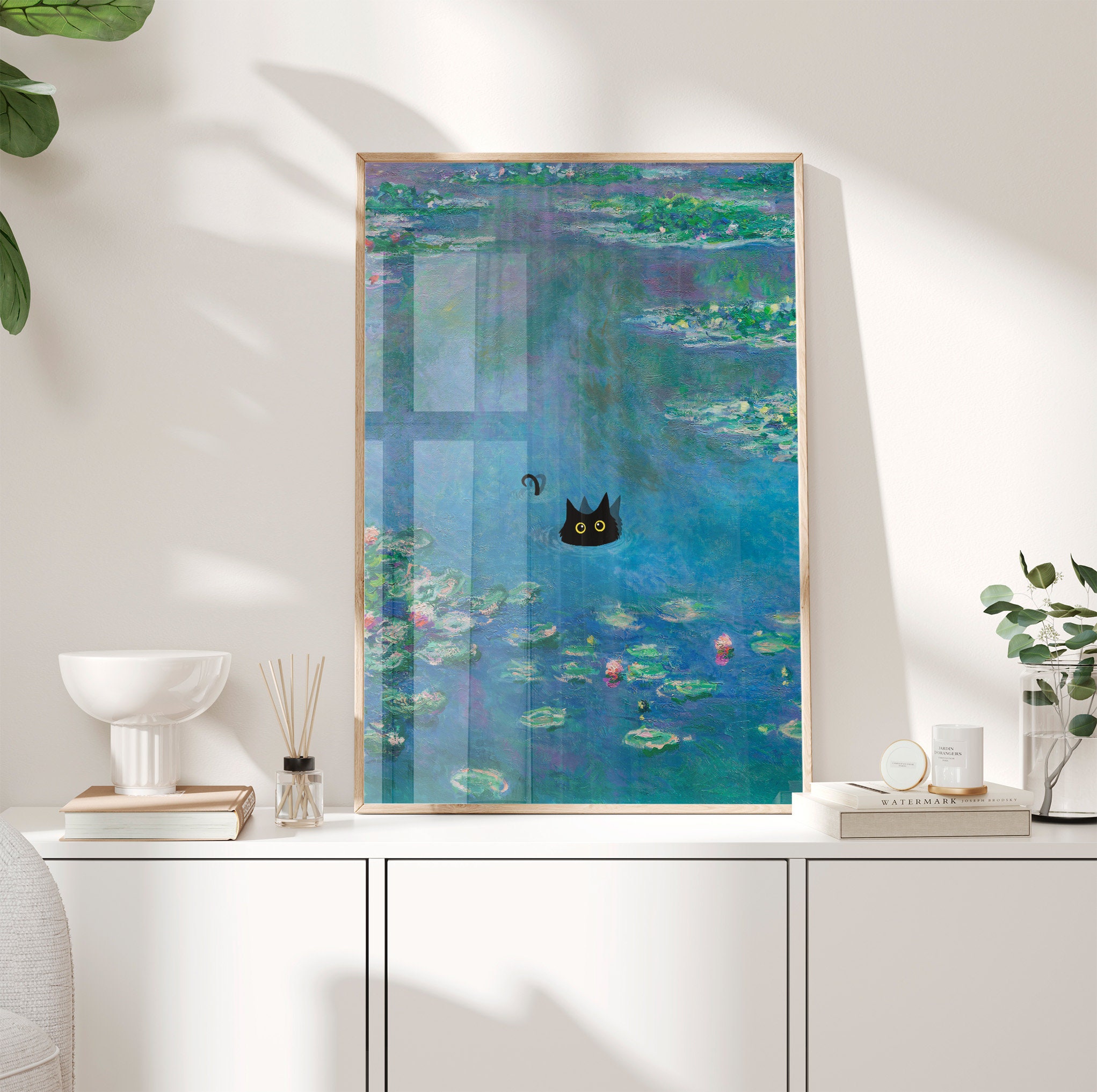 Monet Waterlily Cat Print Claude Monet Cat Poster Black Cat - Etsy Hong ...