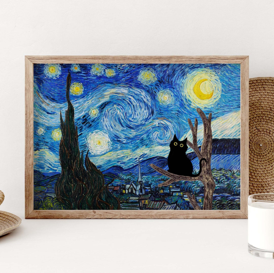Vincent Van Gogh's the Starry Night Cat Print, Van Gogh Cat Poster ...