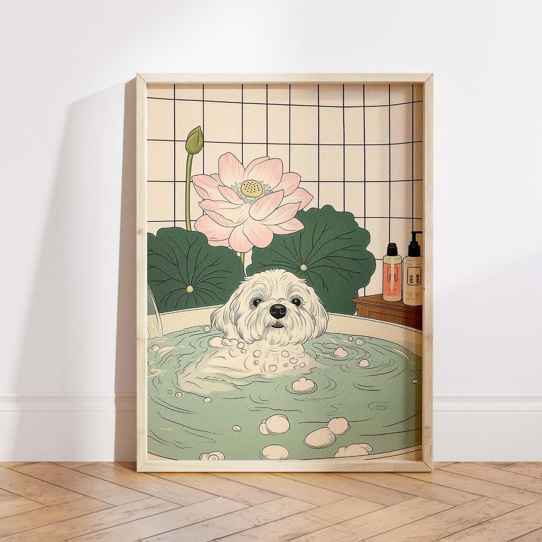 White Cavapoo in Bathtub Funny Bathroom Print, Japanese Dog Gift ...