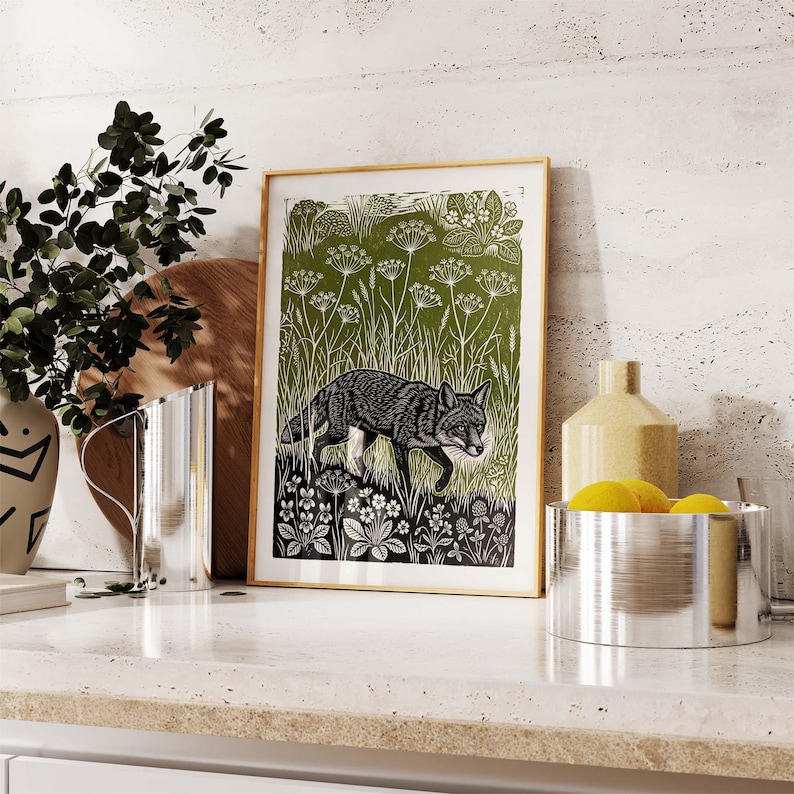 Fox Wall Art Print, Woodland Fox Linocut Poster, Olive Green Meadow ...