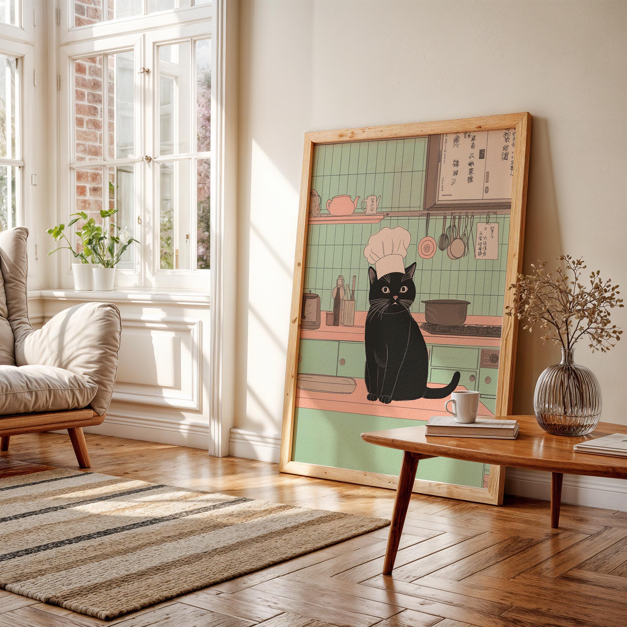 Black Cat in a Chef's Hat Kitchen Decor Art Print, Japanese Wall Decor ...