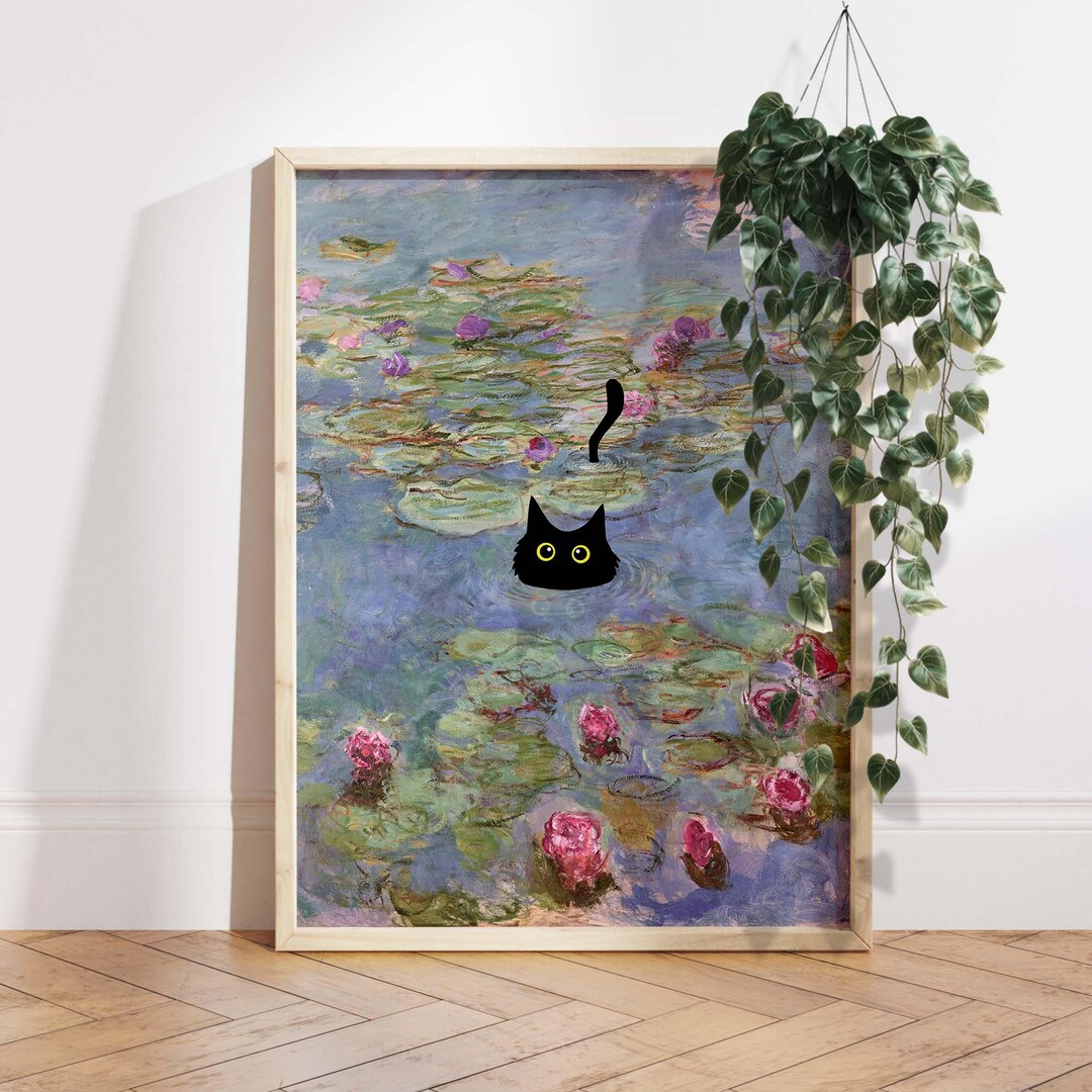 Monet Waterlily Cat Print, Claude Monet Cat Poster, Cat Art, Floral ...