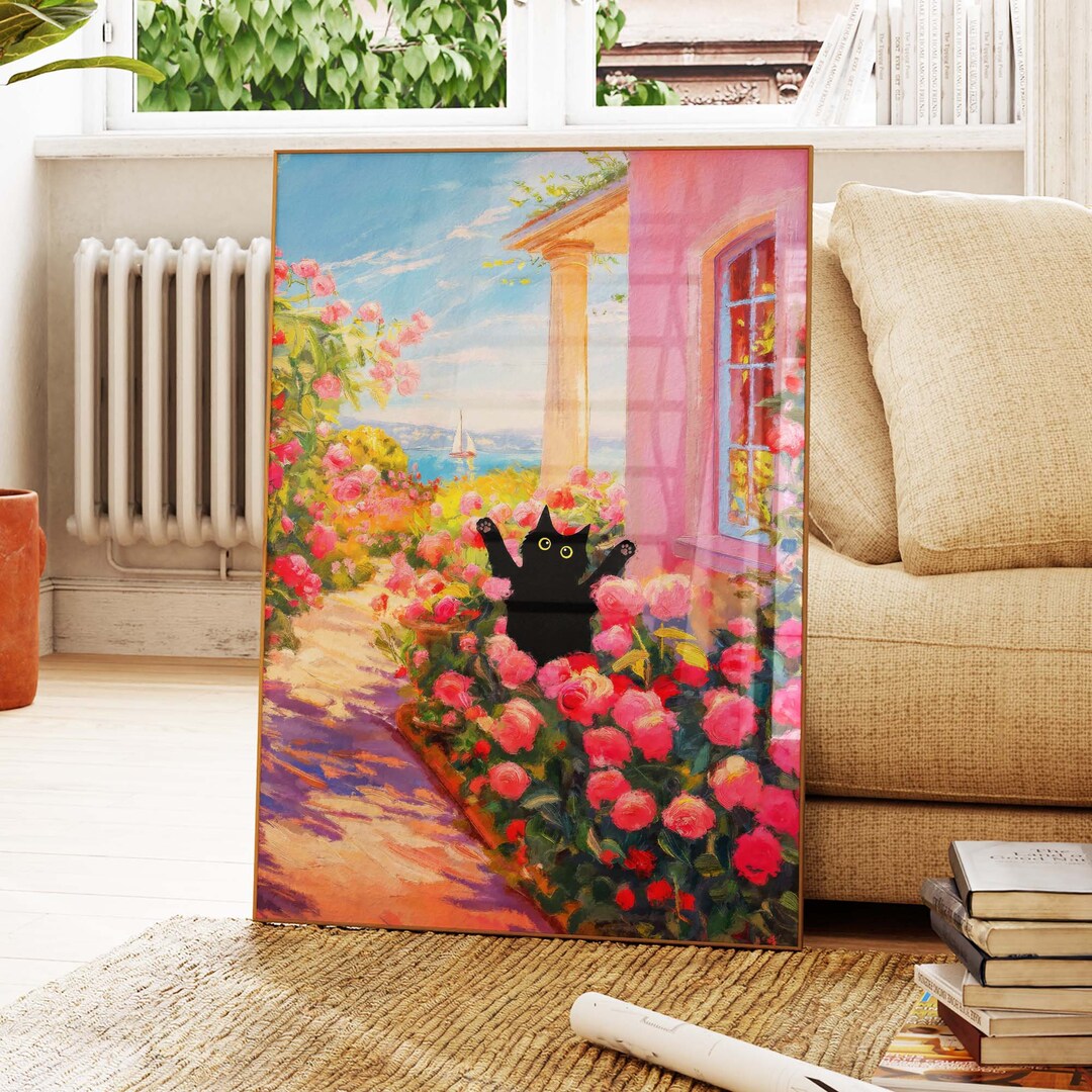 Black Cat in Rose Garden Poster, Pink Roses, Colorful Floral Seaside ...