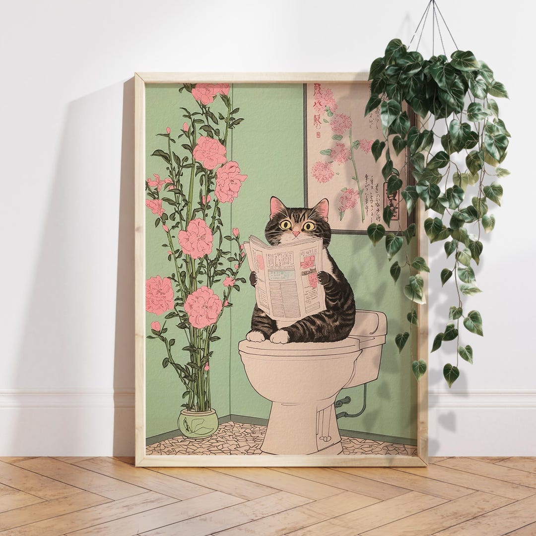 Japanese Tabby Cat on a Toilet, Funny Bathroom Print, Toilet Poster ...