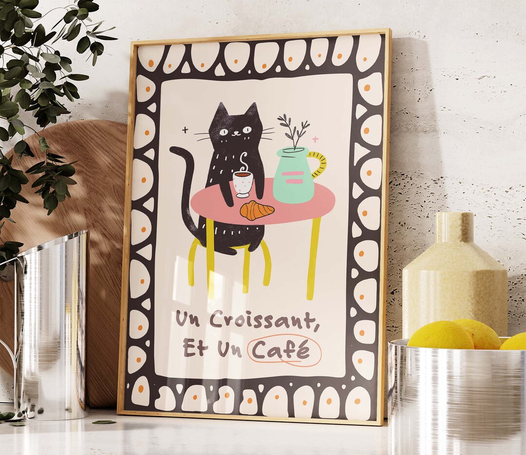 French Cafe Croissant Cat Print, Retro Drink Poster, Bistro Coffee ...