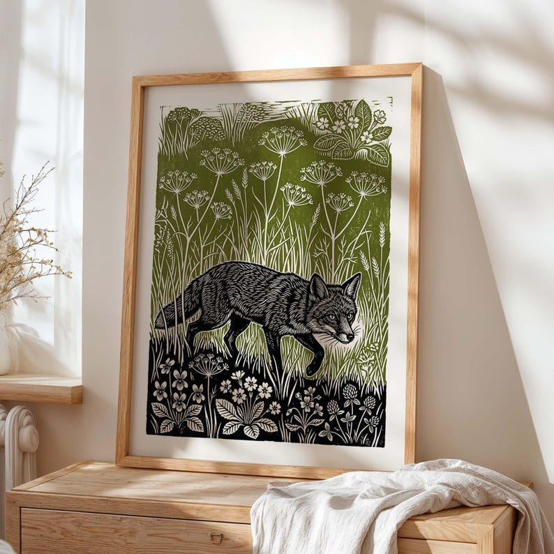 Fox Wall Art Print, Woodland Fox Linocut Poster, Olive Green Meadow ...
