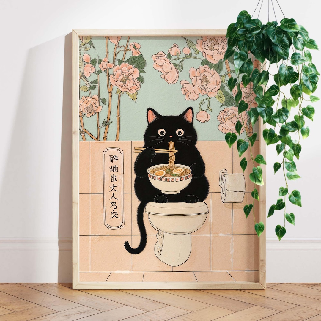 Japanese Black Cat on a Toilet Eating Ramen, Funny Bathroom Print ...