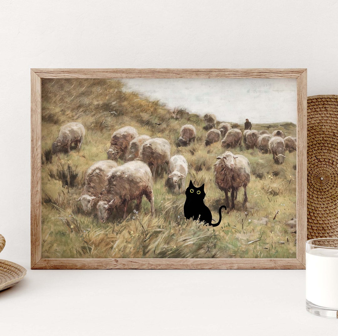 Black Cat and Sheep Poster, Landscape Poster, Black Cat Art, Funny Cat ...