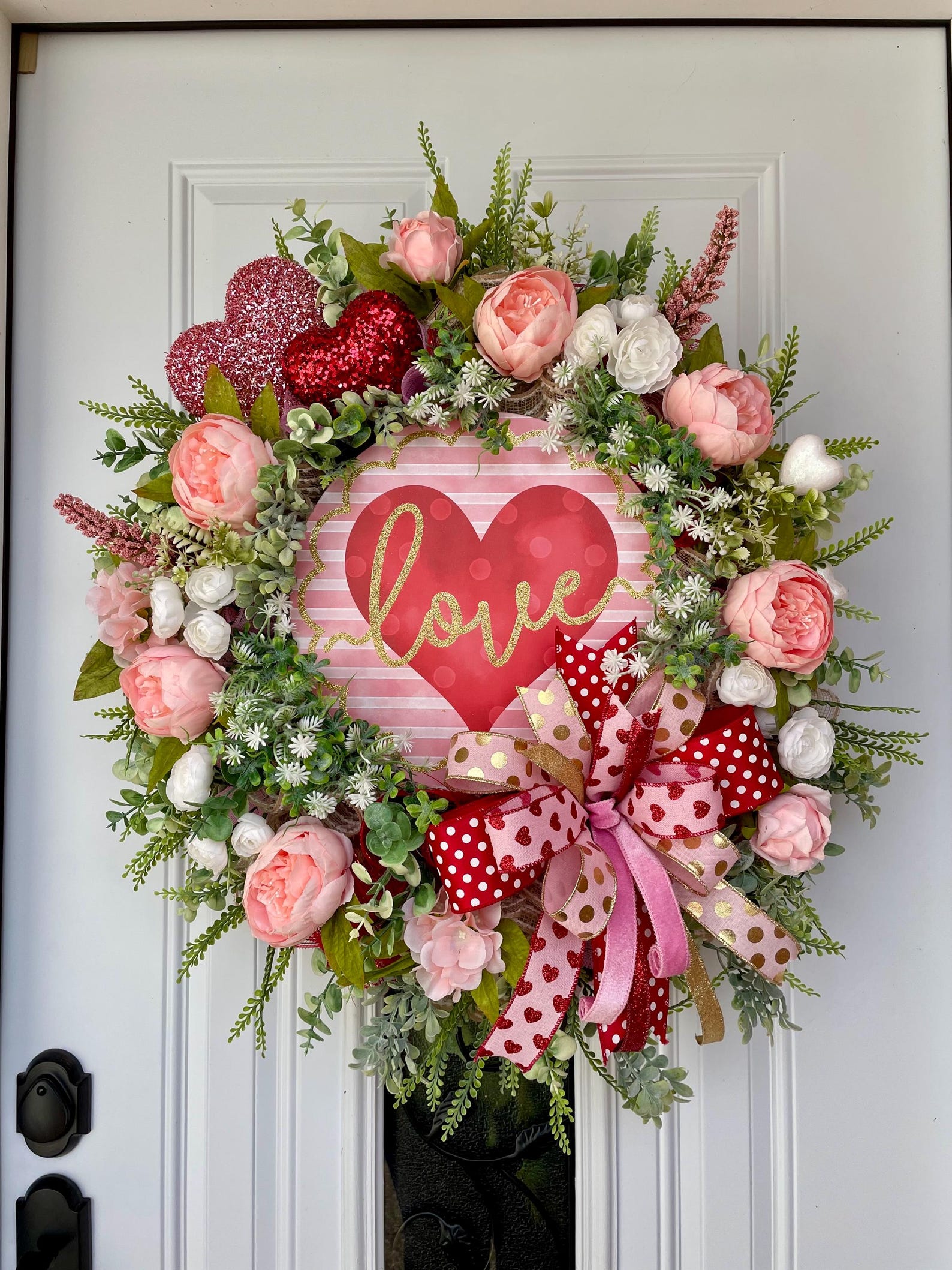 Pink and Red Valentine's Day Wreath Love Heart Pink Peony Beaded Grass ...