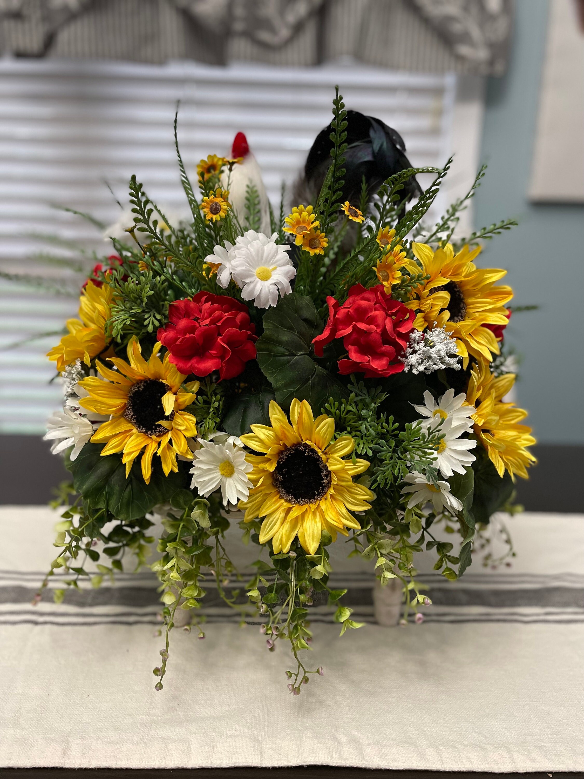 Large Farmhouse Style Rooster Chicken Centerpiece With Sunflowers and ...