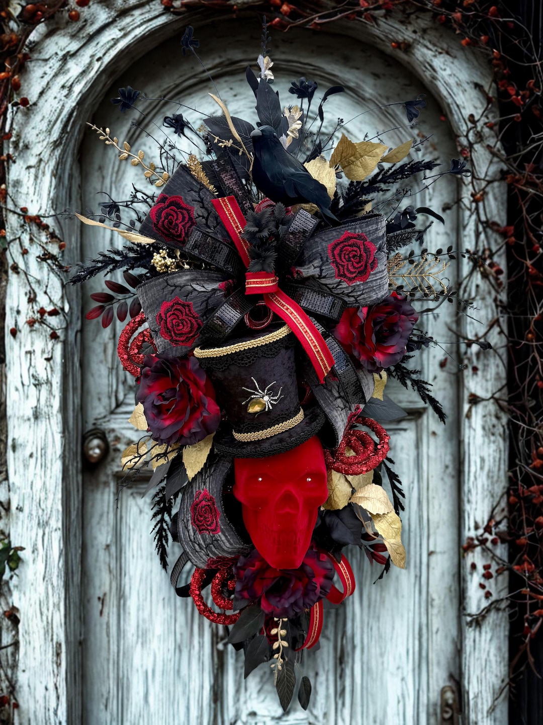 Gothic Glam Halloween Swag: Light-up Skull, Raven & Velvet Roses - Etsy