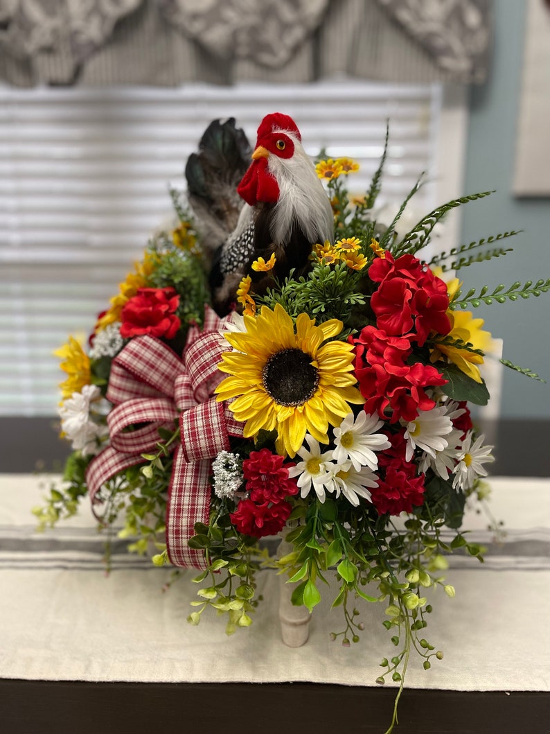 Large Farmhouse Style Rooster Chicken Centerpiece With Sunflowers and ...