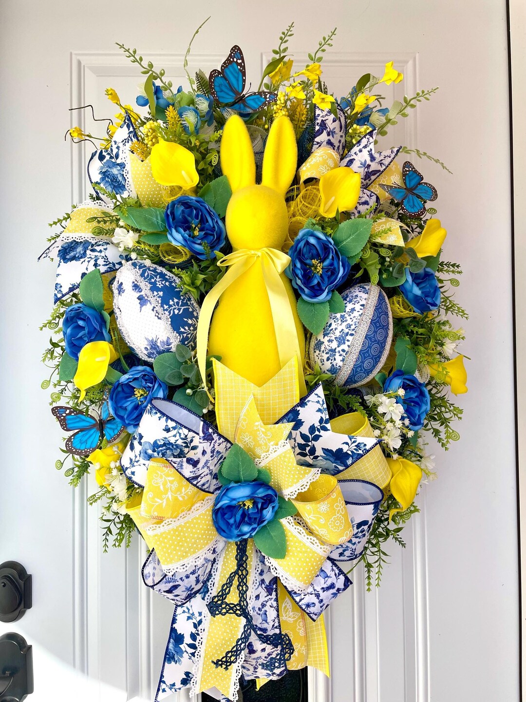 Cheerful Blue and Yellow Spring Easter Wreath | Handmade Bunny Decor ...