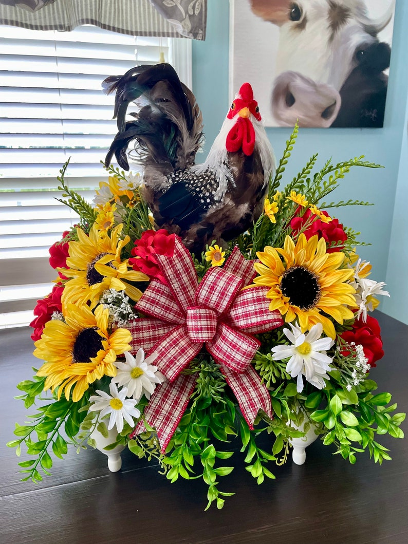 Large Farmhouse Style Rooster Chicken Centerpiece With Sunflowers and ...