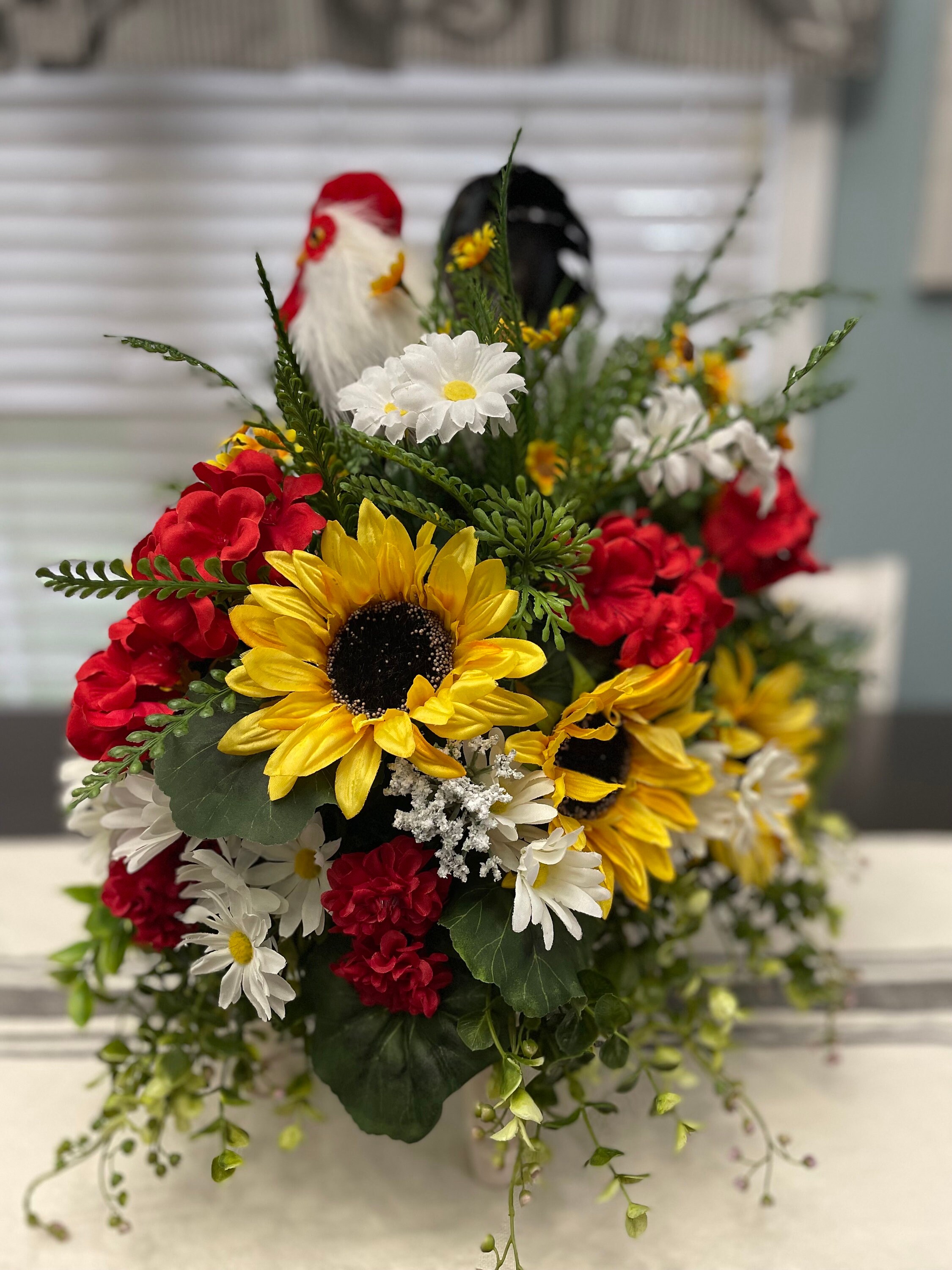 Large Farmhouse Style Rooster Chicken Centerpiece With Sunflowers and ...