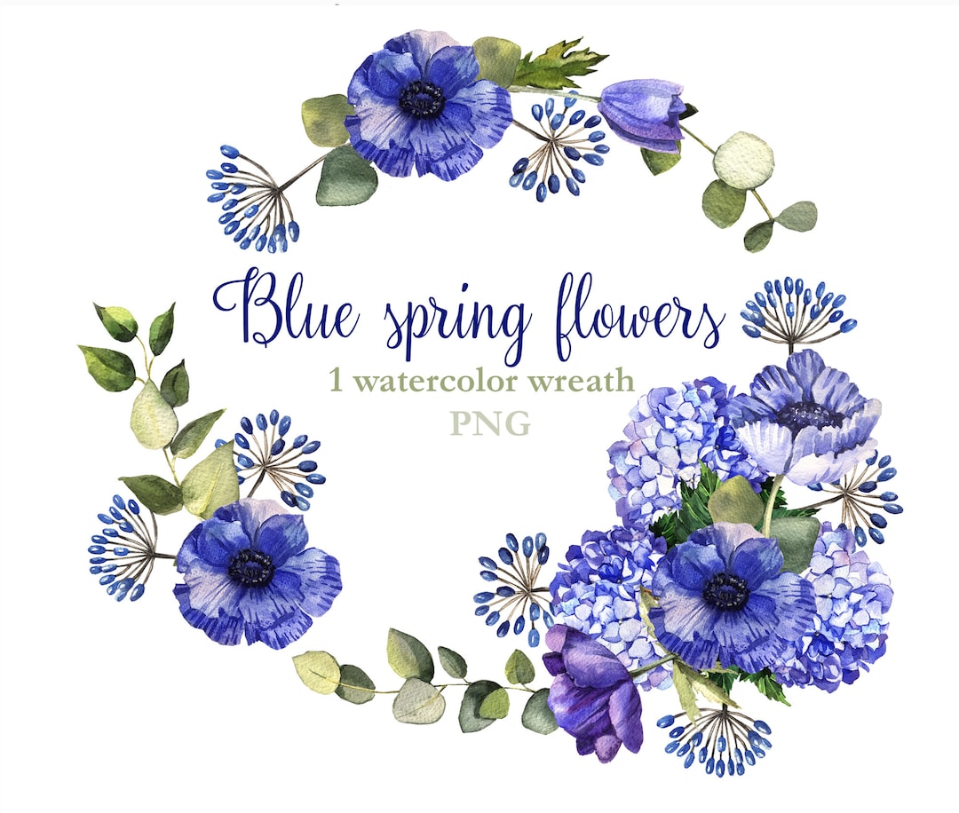 Watercolor Blue Flowers Wreath - Clip Art PNG- Delicate Flowers -spring ...