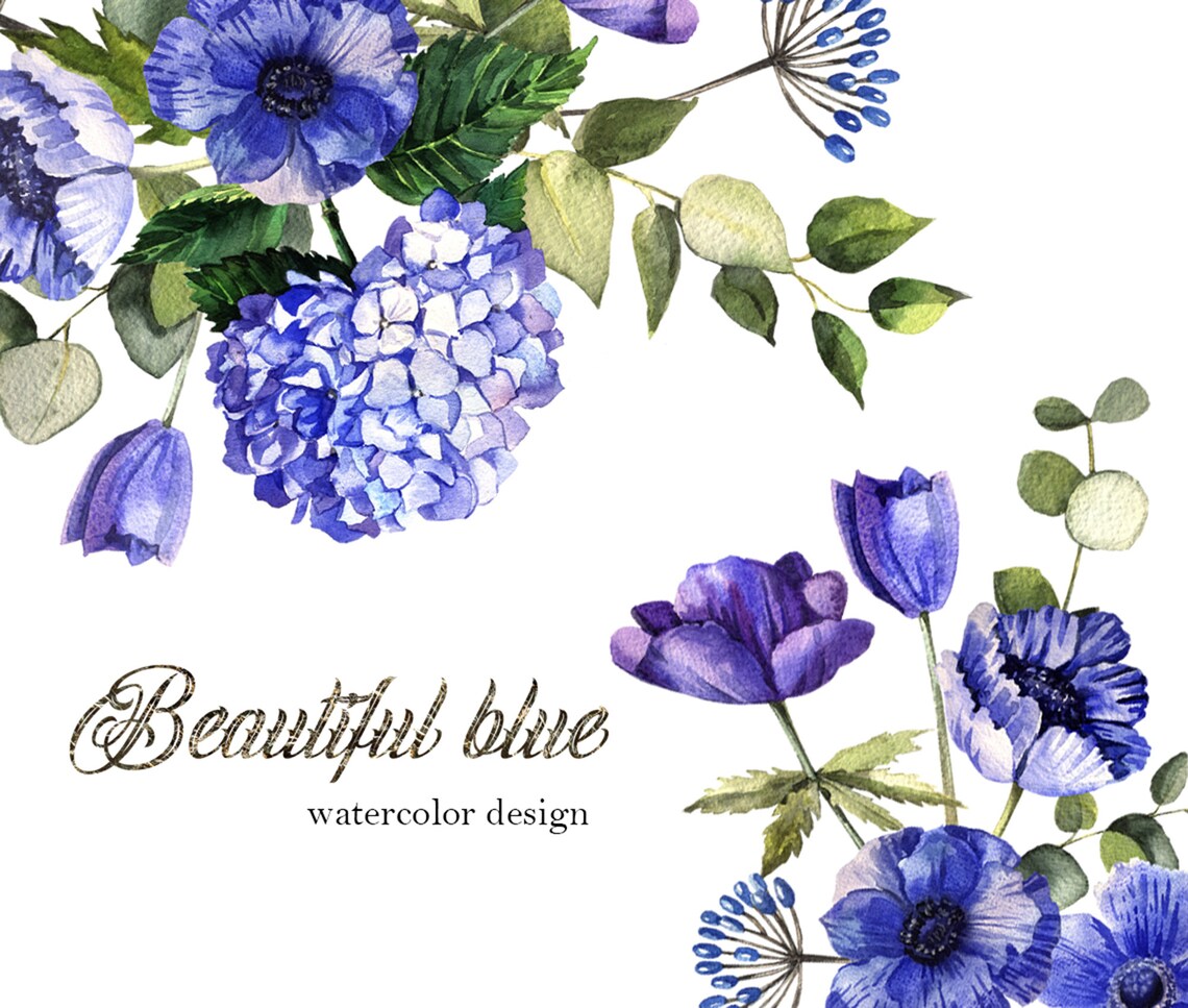 Beatiful Blue Watercolor Digital Clip Art, PNG. Spring Floral Frame ...
