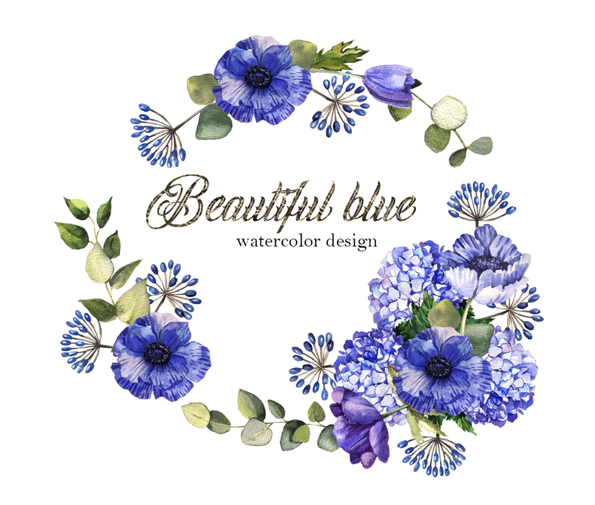 Beatiful Blue Watercolor Digital Clip Art, PNG. Spring Floral Frame ...