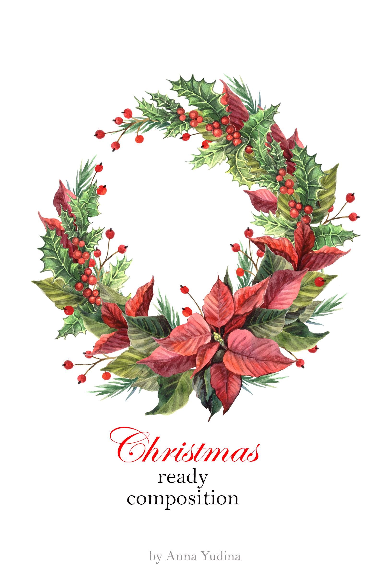 Watercolor Christmas Wreath PNG | Holiday Clipart | Poinsettia & Holly ...