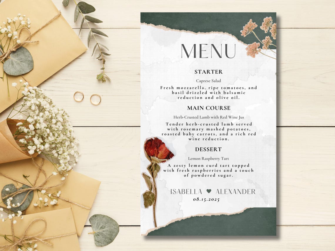 Rustical Wedding Menu Template, Flower Menu Canva Template, Wedding ...
