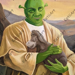 Jesus Shrek Holding Baby Donkey Oil Painting - Printable Download - Etsy