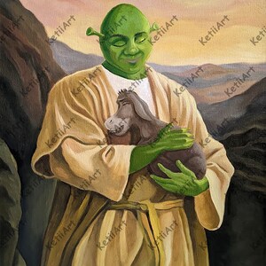 Jesus Shrek Holding Baby Donkey Oil Painting - Printable Download - Etsy