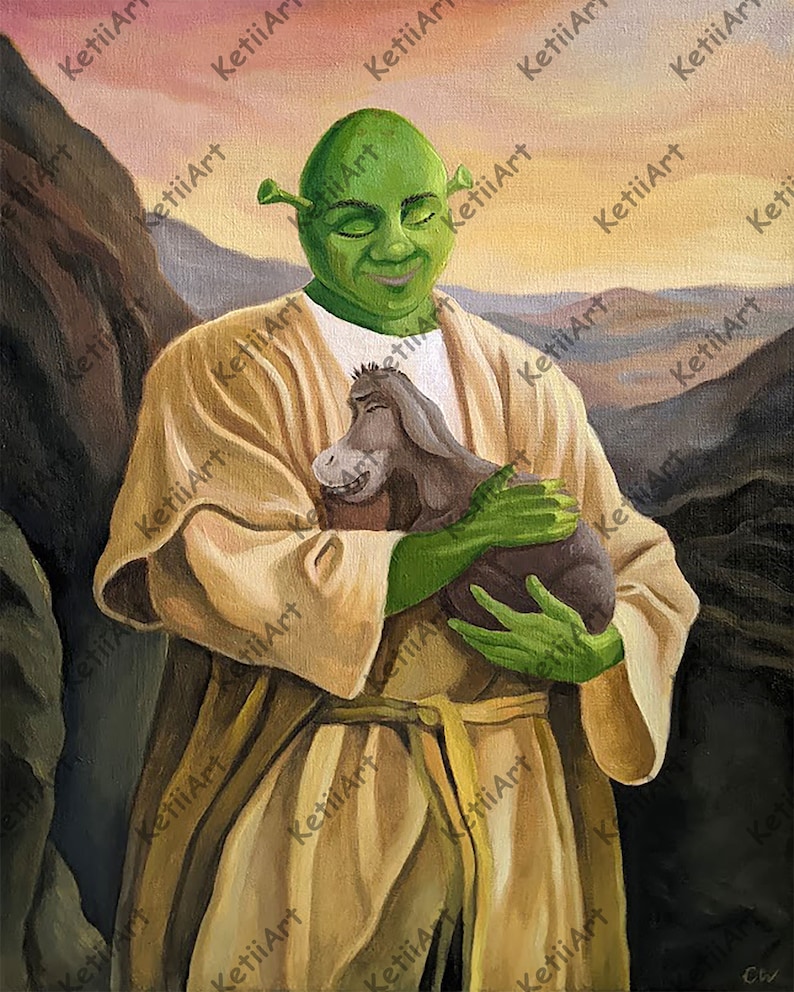 Jesus Shrek Holding Baby Donkey Oil Painting Printable - Etsy