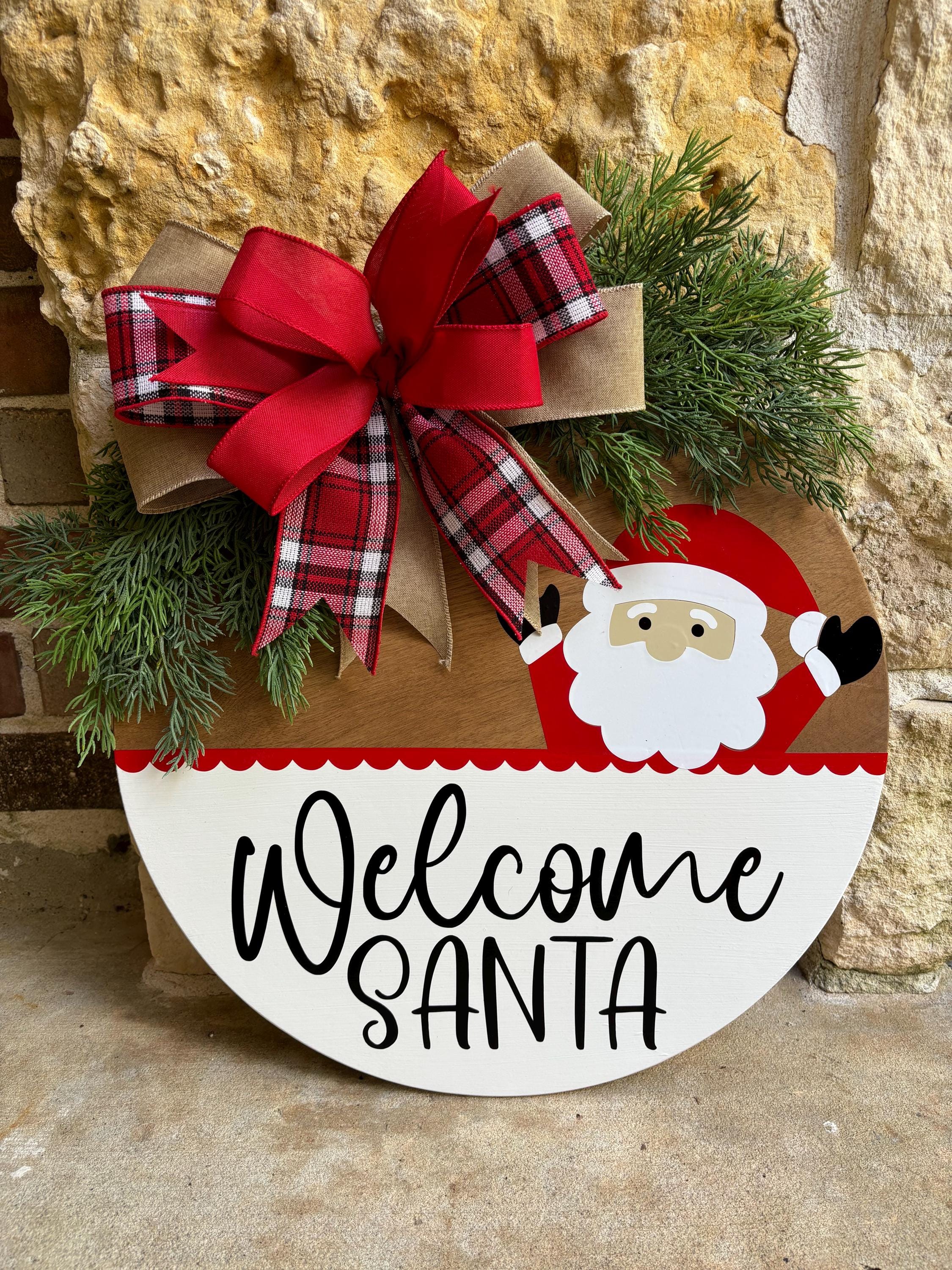Christmas Door Hanger, Welcome Santa Door Hanger, Christmas Wreath ...