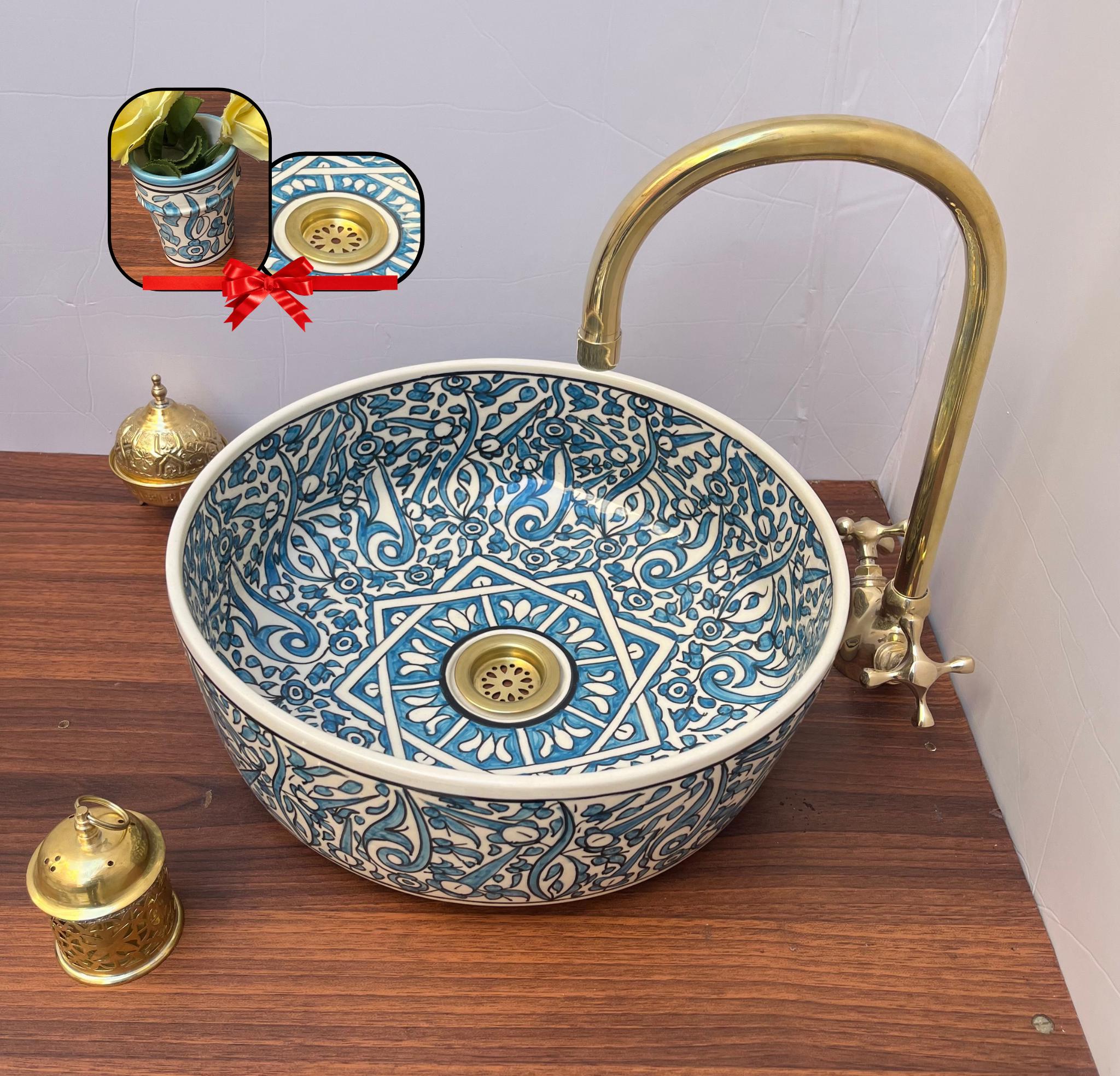 Blue Moroccan Ceramic Vessel Sink: Hand-painted Bathroom Basin - Etsy