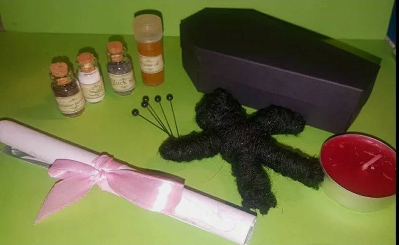 Voodoo Doll Spell Curse Kit in Coffin Box, Dume Oil, Hoodoo Powder ...
