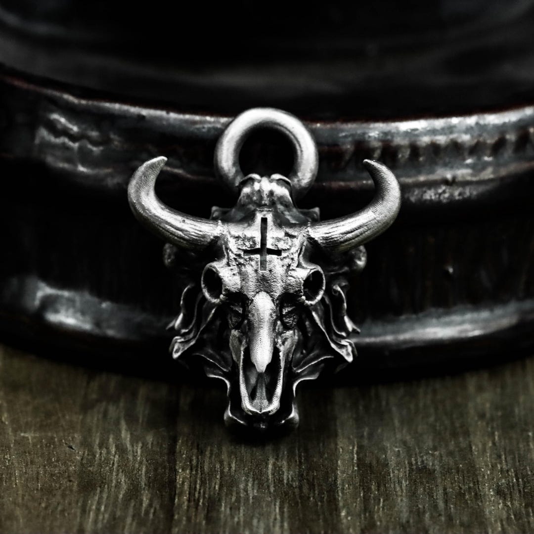 Bull Skull Inverted Cross 925 Silver Pendant - Men's Gothic Style ...