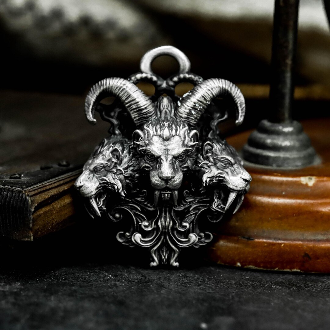 Hellish Three-headed Saber-toothed Tiger 925 Silver Pendant Necklace ...