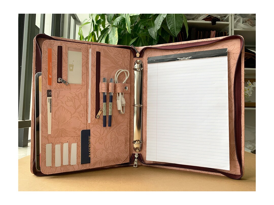 Leather Portfolio for Women, 3 Ring Binder Padfolio, Pink Leather Folio ...