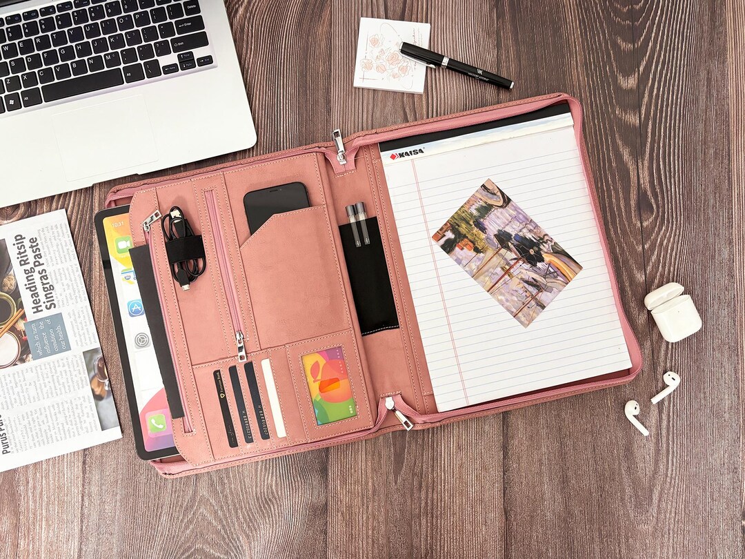 Pink Vegan Leather Portfolio for Women, A4 Notepad Leather Padfolio ...