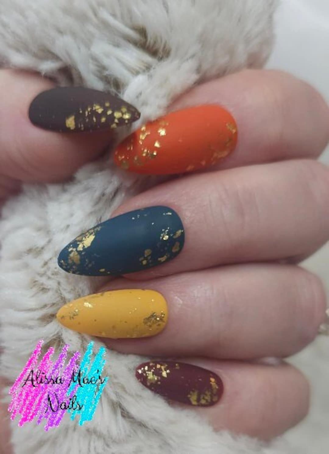 Fall Press on Nails, Autumn Nails, Gold Flakes, Leaf Color Nails, Matte ...