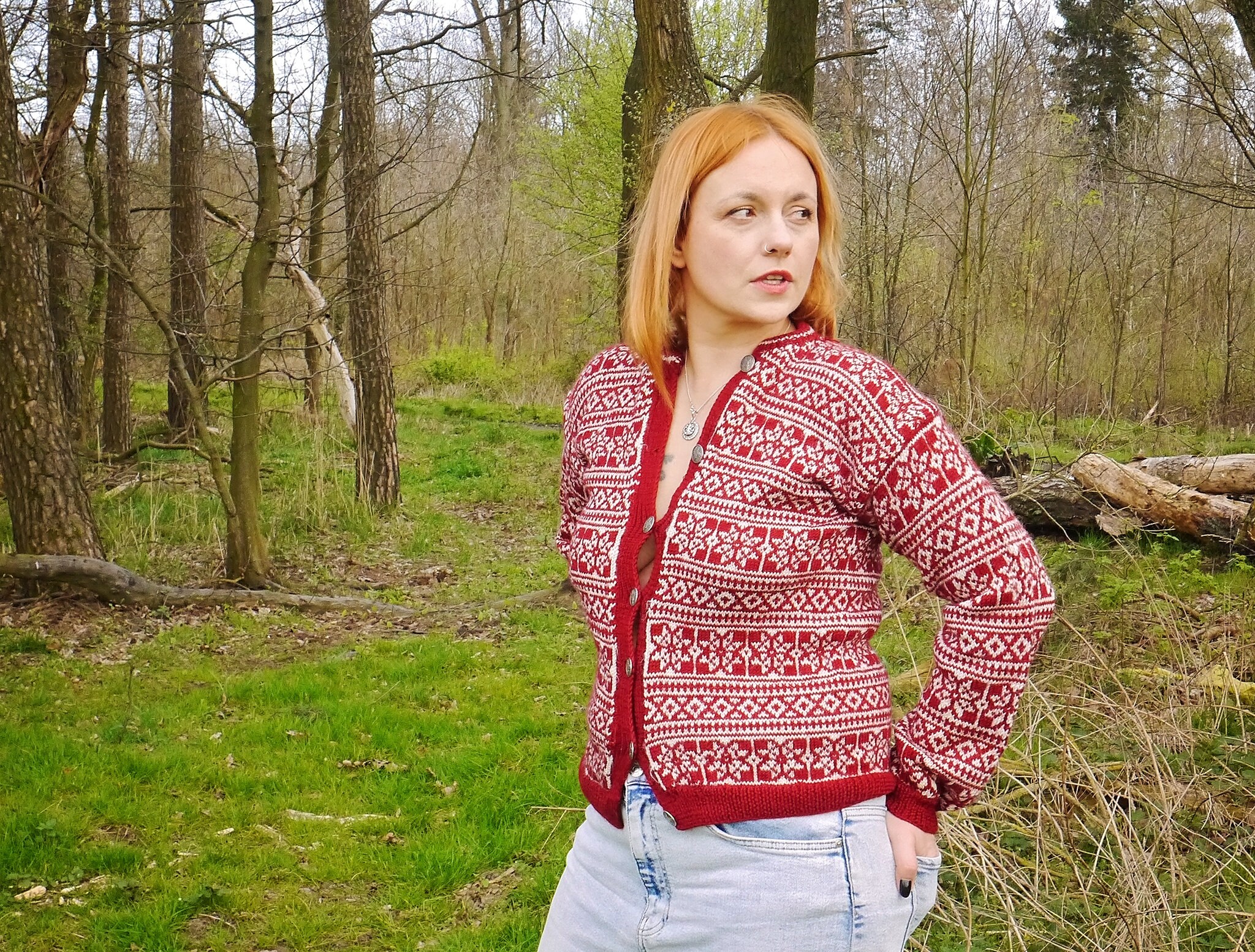 Vintage Folk Red and Cream Cardigan / 90s Nordic Retro Sweater ...