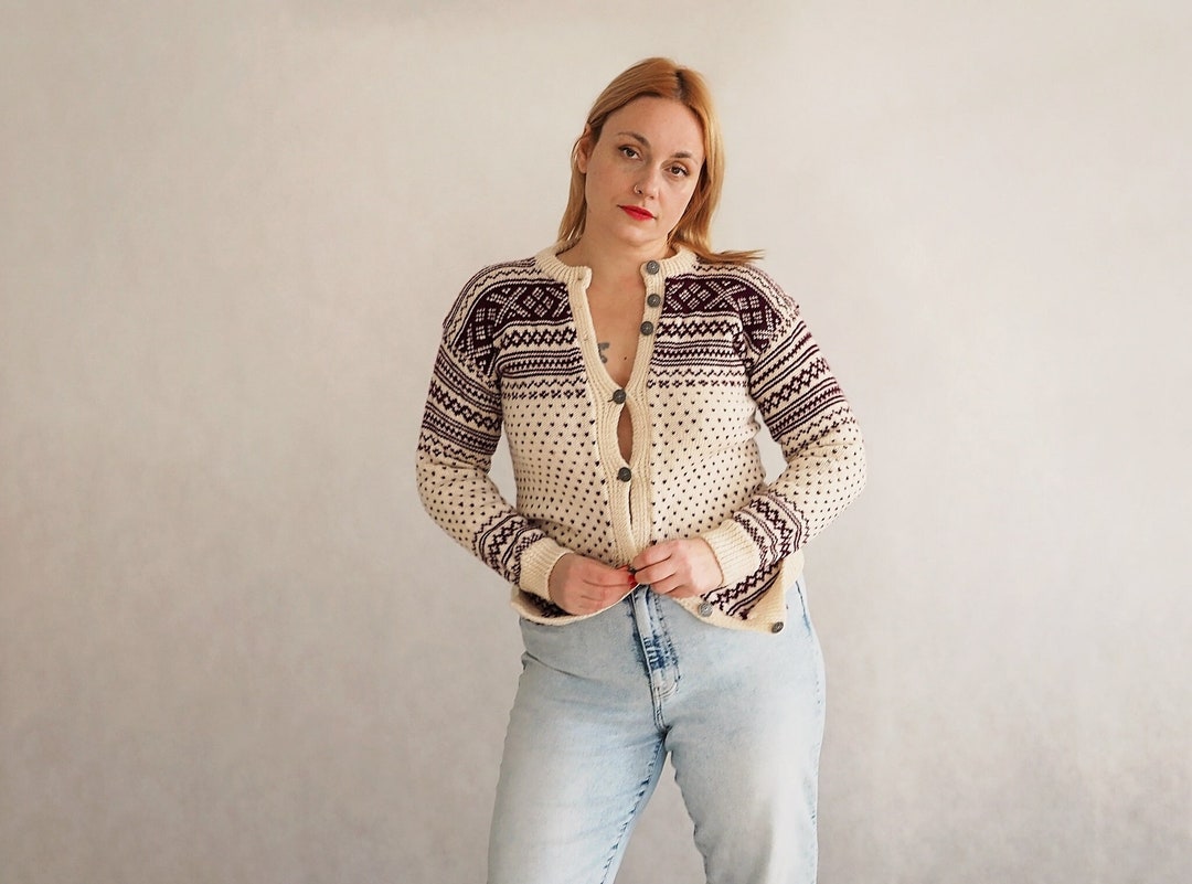 Vintage Folk Cream Cardigan / 90s Nordic Retro Sweater / Handmade ...