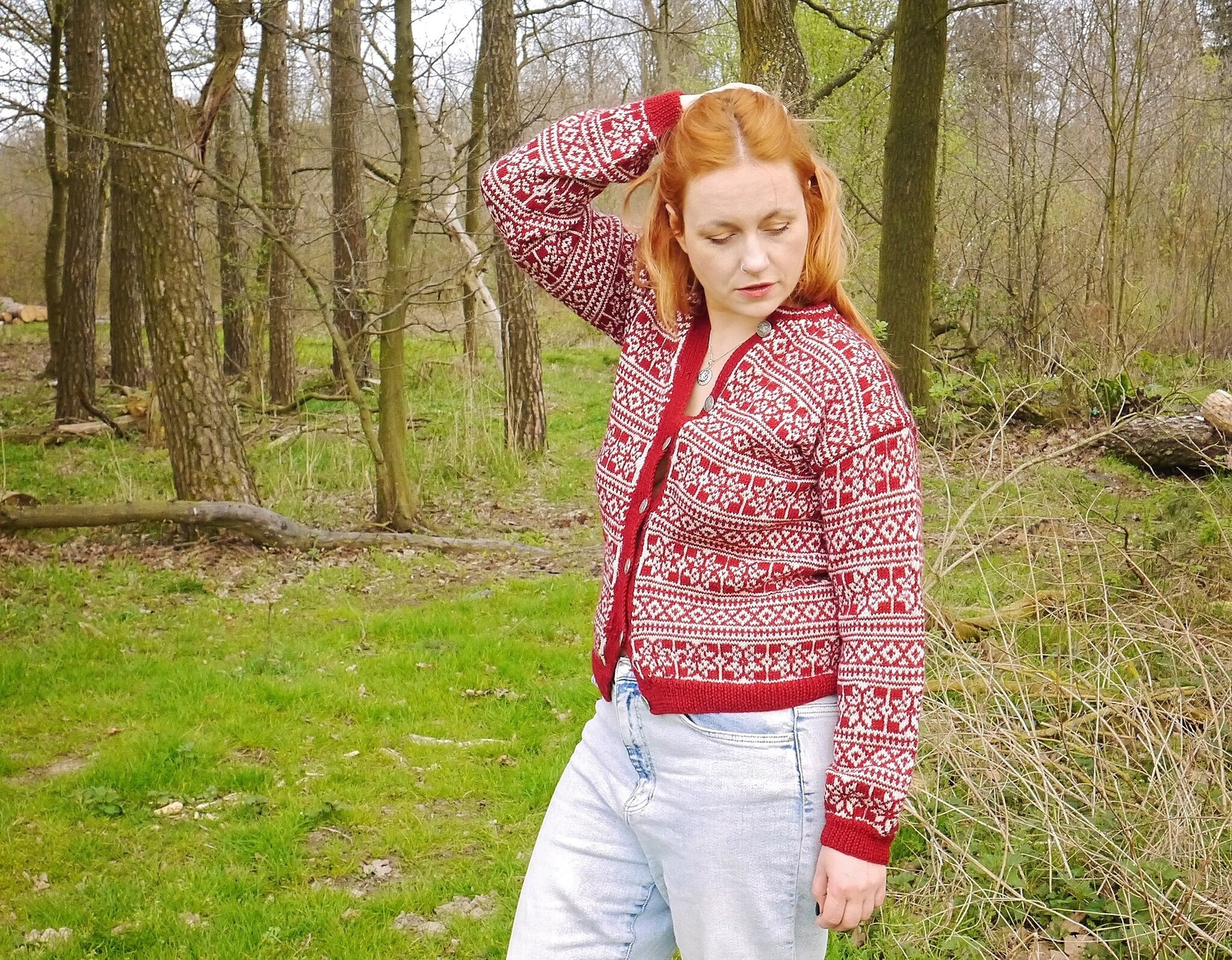 Vintage Folk Red and Cream Cardigan / 90s Nordic Retro Sweater ...