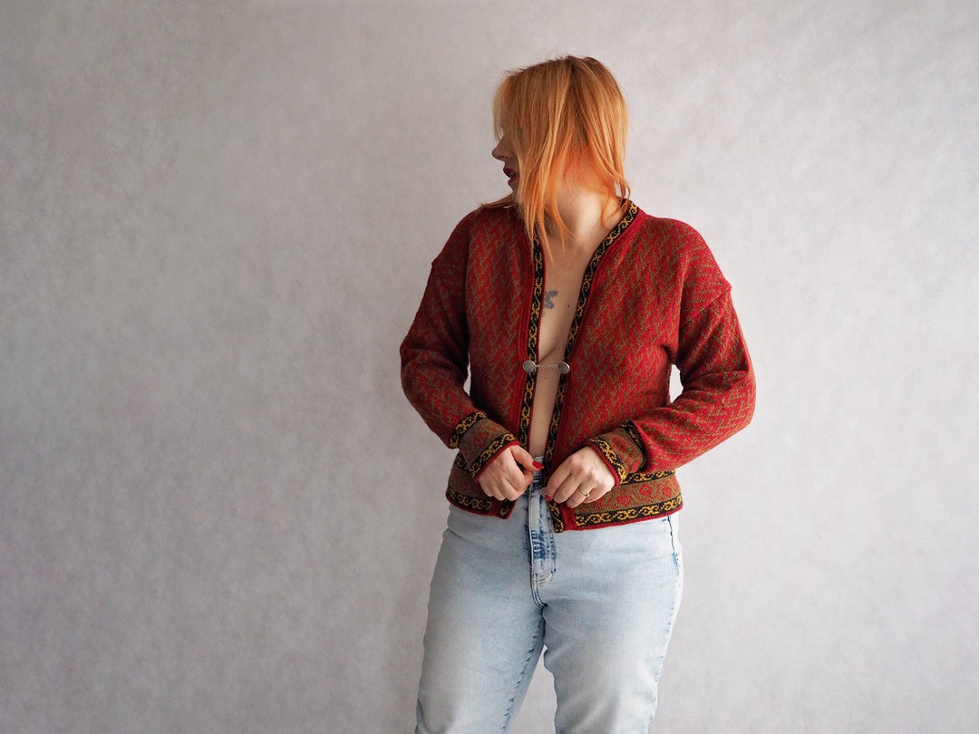 Vintage Wool Cardigan From 80-90s / Folk Sweater With Metal Clasps ...