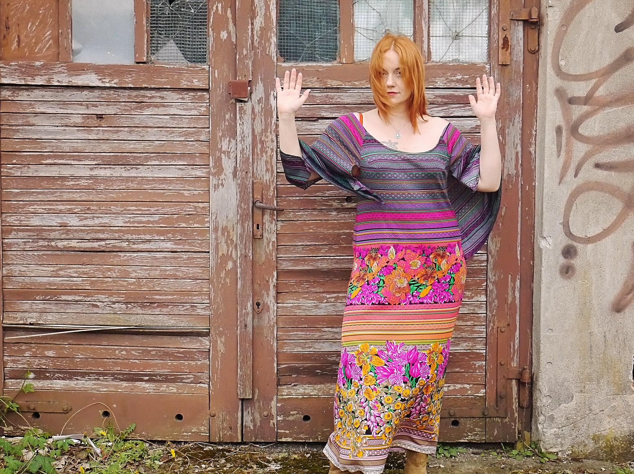 Vintage Colorful Dress From the 70s / Floor-length Dress With Wide ...