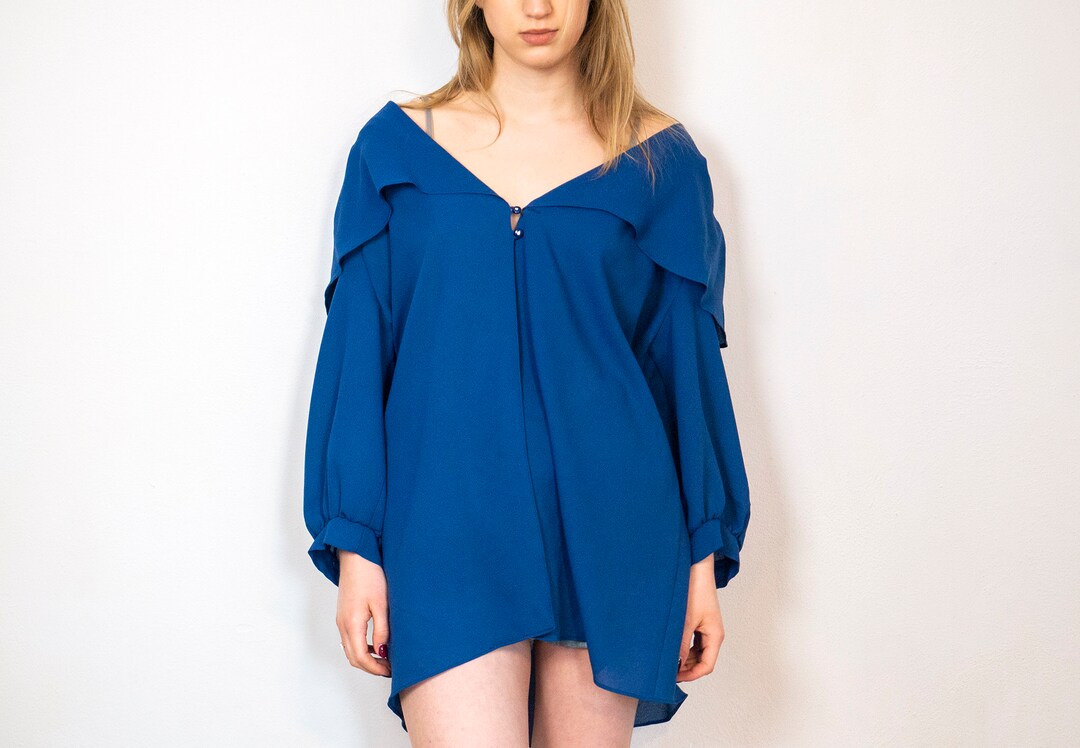 Vintage Navy Ruffle Shirt / Semi-sheer Puff Sleeve Shirt / Romantic 90s ...