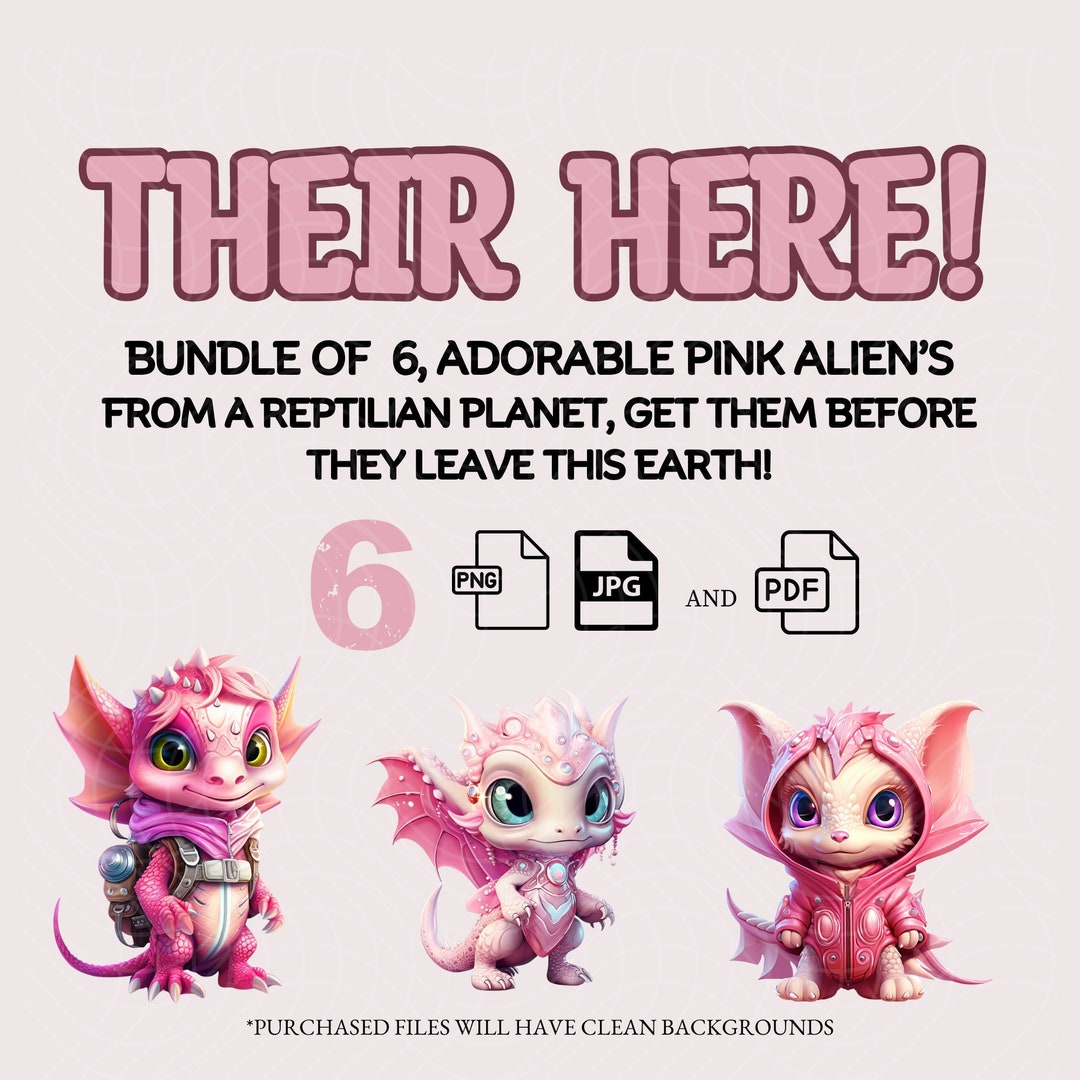 Cute Alien, Instant Digital Download, Bundle of 6 Adorable Pink Alien ...