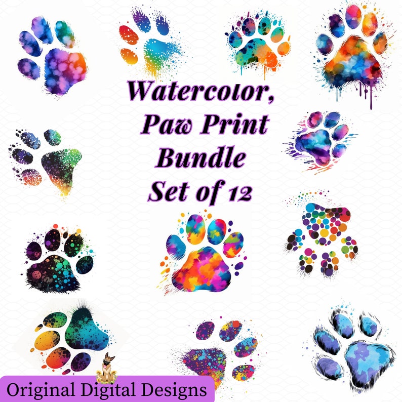 Watercolor Paw Print Designs: Sublimation PNG Bundle (digital Download ...